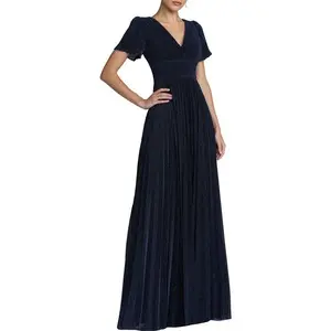 Mac Duggal Pleated Metallic Flutter Sleeve A-line Gown - Midnight