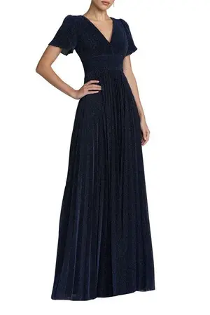 Mac Duggal Petite Pleated Metallic Flutter Sleeve A-line Gown - Midnight