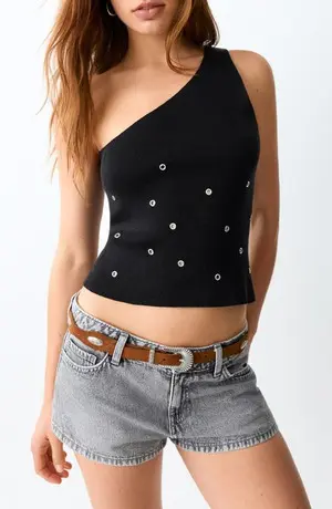 Mango Grommet One-shoulder Rib Tank - Black