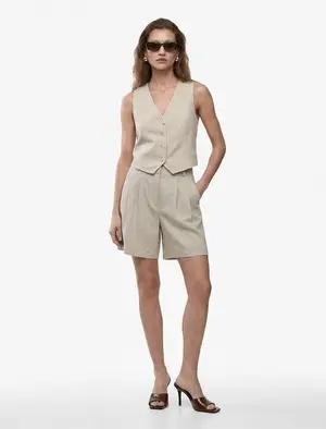 KOTON Relax Fit Pleated Linen Bermuda Shorts - Mink