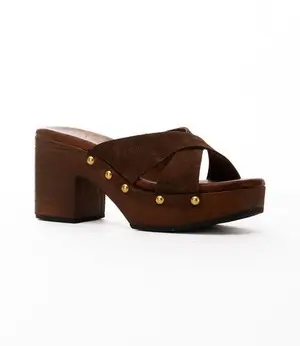 GRACE FOOTWEAR Suede Crossover Block Heel Platform Sandals - Brown