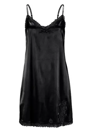 LASCANA Lace Trim Satin Nightgown - Black
