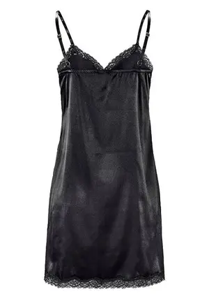 LASCANA Lace Trim Satin Nightgown - Black