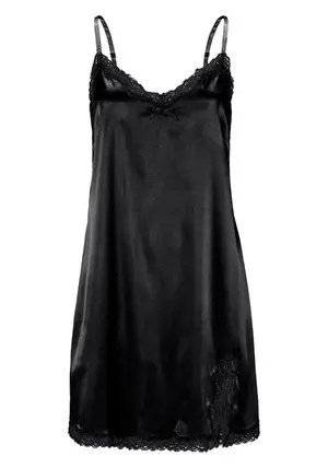 LASCANA Lace Trim Satin Nightgown - Black
