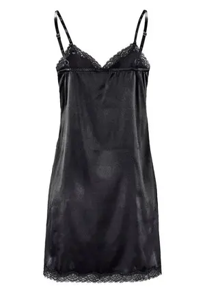 LASCANA Lace Trim Satin Nightgown - Black