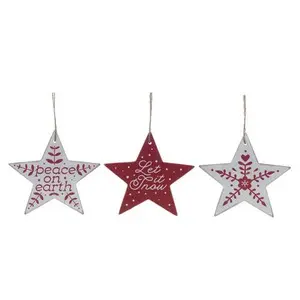 TRANSPAC Mdf Red White Star Shaped Ornament Set Of 3 Christmas Decor - Multicolored