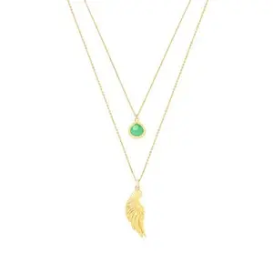 SEVEN SAINTS Seven Saints Archangel Raphael Angel Of Healing Layered Necklace With Green Agate And Angel Wing Charm Gold