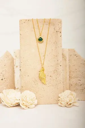 SEVEN SAINTS Archangel Raphael Angel Of Healing Layered Necklace With Green Agate And Angel Wing Charm - White