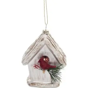 TRANSPAC Cream Glass Woodland Cardinal Bird House Ornament Christmas Tree - Beige