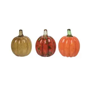 TRANSPAC Glass Mini Harvest Pumpkin Set Of 3 For Fall Home Decor - Multicolored