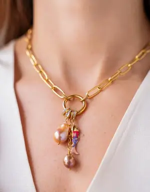LONI PAUL JEWELRY Baroque Pearl Charm Cluster Necklace - Gold