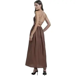 MOTHER OF ALL Taylor Dress Ruched Bodice, Open Lace-up Back, Midi/maxi - Brown