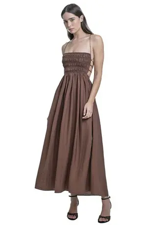 MOTHER OF ALL Taylor Dress Ruched Bodice, Open Lace-up Back, Midi/maxi - Brown