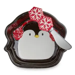 TAG Christmas Penguin Bowl & Snowflake Spreader Set Multi Earthenware 21 Oz - Black