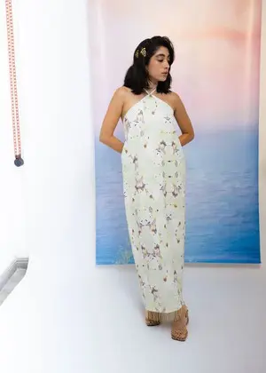 SAN MALO Camellia Printed Halterneck Midi Dress With Fringe Hem