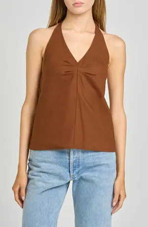 WAYF Kaia Linen Blend Halter Top - Chocolate