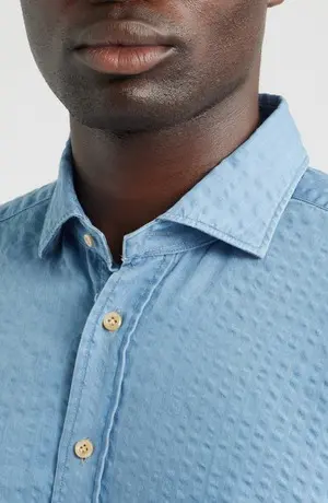 EMANUEL BERG Crinkle Stripe Cotton Denim Button-up Shirt
