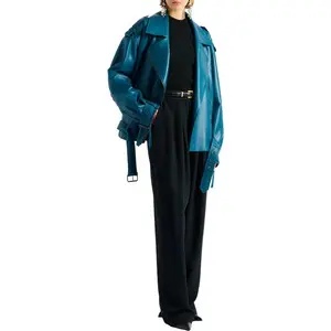 Balmain Lambskin Leather Biker Jacket - Blue