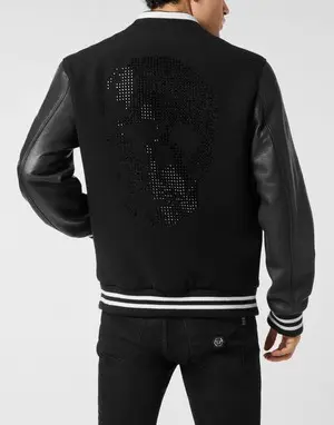 Philipp Plein Skull Stone Embellished Leather Sleeve Bomber Jacket