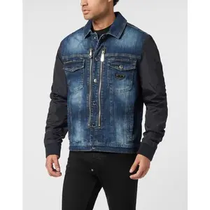 Philipp Plein Denim Zip Jacket With Contrast Sleeves