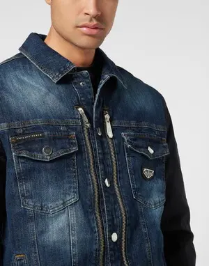 Philipp Plein Denim Zip Jacket With Contrast Sleeves
