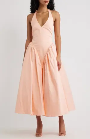 House Of Cb Marilyn Halter Neck Stretch Cotton Midi Sundress - Peach