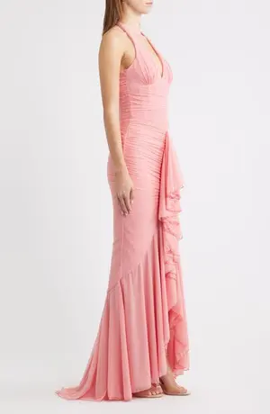 House Of Cb Carmine Mesh Halter Neck Waterfall Gown