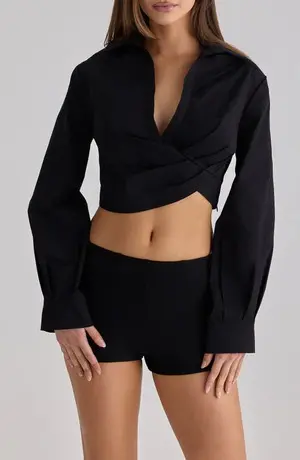 House Of Cb Ivara Drape Waist Long Sleeve Stretch Cotton Top