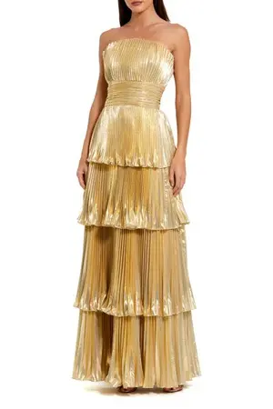 Mac Duggal Petite Strapless Metallic Pleated Gown - Gold