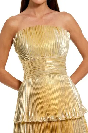 Mac Duggal Petite Strapless Metallic Pleated Gown - Gold