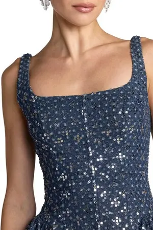 Mac Duggal Sleeveless Sequin Embellished Denim Mini Dress
