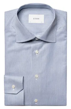 Eton Contemporary Fit Pinstripe Cotton Twill Dress Shirt - Medium Blue