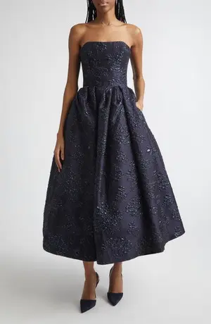 Carolina Herrera Strapless Metallic Floral Jacquard Midi Dress - Midnight