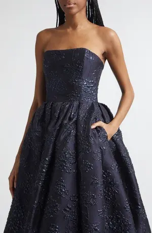 Carolina Herrera Strapless Metallic Floral Jacquard Midi Dress