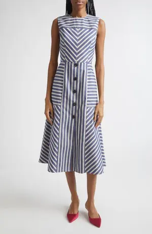 Carolina Herrera Stripe A-line Cotton Midi Dress - Blue Multi