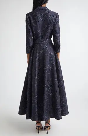 Carolina Herrera Metallic Floral Jacquard Trench Dress