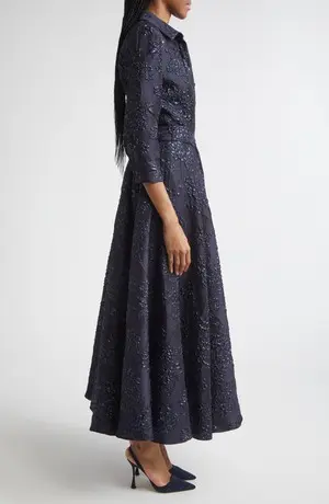 Carolina Herrera Metallic Floral Jacquard Trench Dress