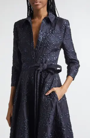 Carolina Herrera Metallic Floral Jacquard Trench Dress