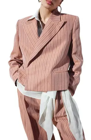 Mango Striped Linen Blend Cropped Blazer - Pink