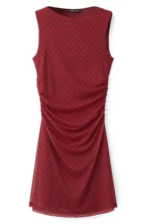 Mango Dot Print Ruched Sleeveless Tulle Minidress