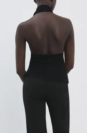Mango Knit Halter Neck Open Back Top - Black