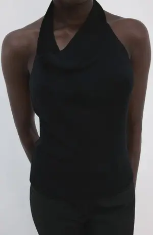 Mango Knit Halter Neck Open Back Top - Black