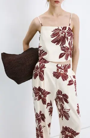 Mango Pleated Print Straight Leg Pants