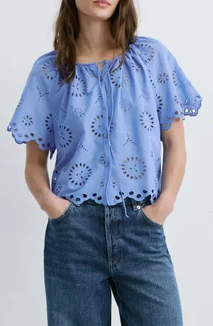 Mango Openwork Embroidered Cotton Button-up Top - Blue