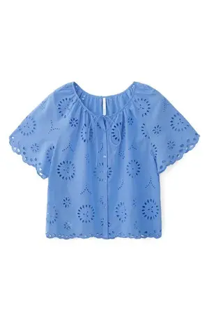 Mango Openwork Embroidered Cotton Button-up Top - Blue