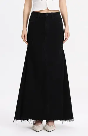 BAYEAS Fringe Denim Midi Skirt - Black