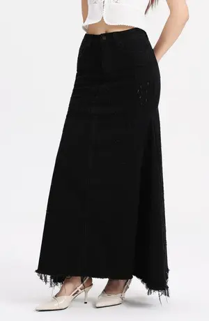 BAYEAS Fringe Denim Midi Skirt