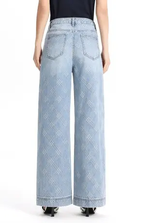 BAYEAS Embellished Textured Plaid High Waist Wide Leg Jeans
