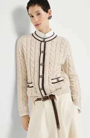 Brunello Cucinelli Soft Virgin Wool And Cashmere Diamond Yarn Cable Knit Cardigan - Cream