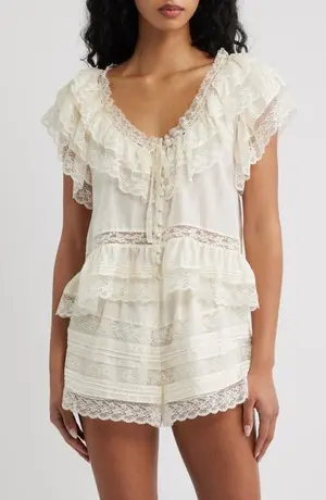 LoveShackFancy Persine Lace Trim Silk Top - Ivory